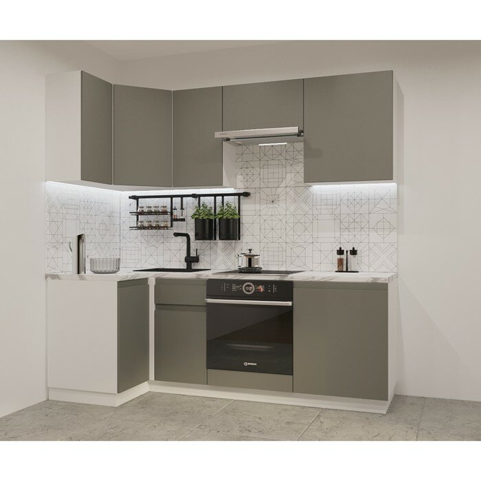 Кухонный гарнитур угловой «Лайн - 8», 1000×2200 мм, цвет белый/обсидиан/мрамор белый