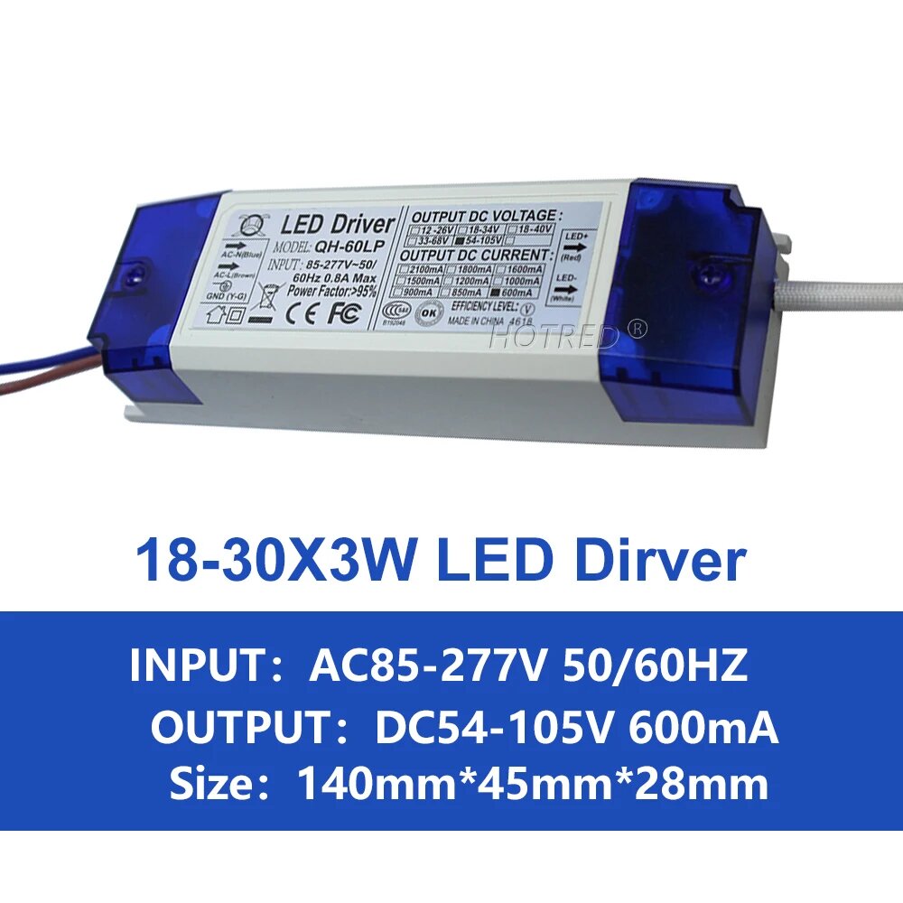 Светодиодный драйвер HotRed 600mA 3-60Вт 18-30X3W DC54-105V