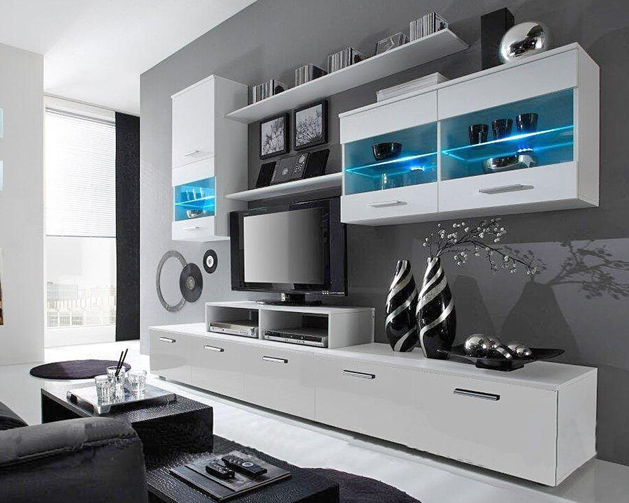 Гостиная Лого МДФ Белый DM635-6 / Белый Фасадный 0101 NEW 250x42x190 см, белый, белый фасадный Фиеста