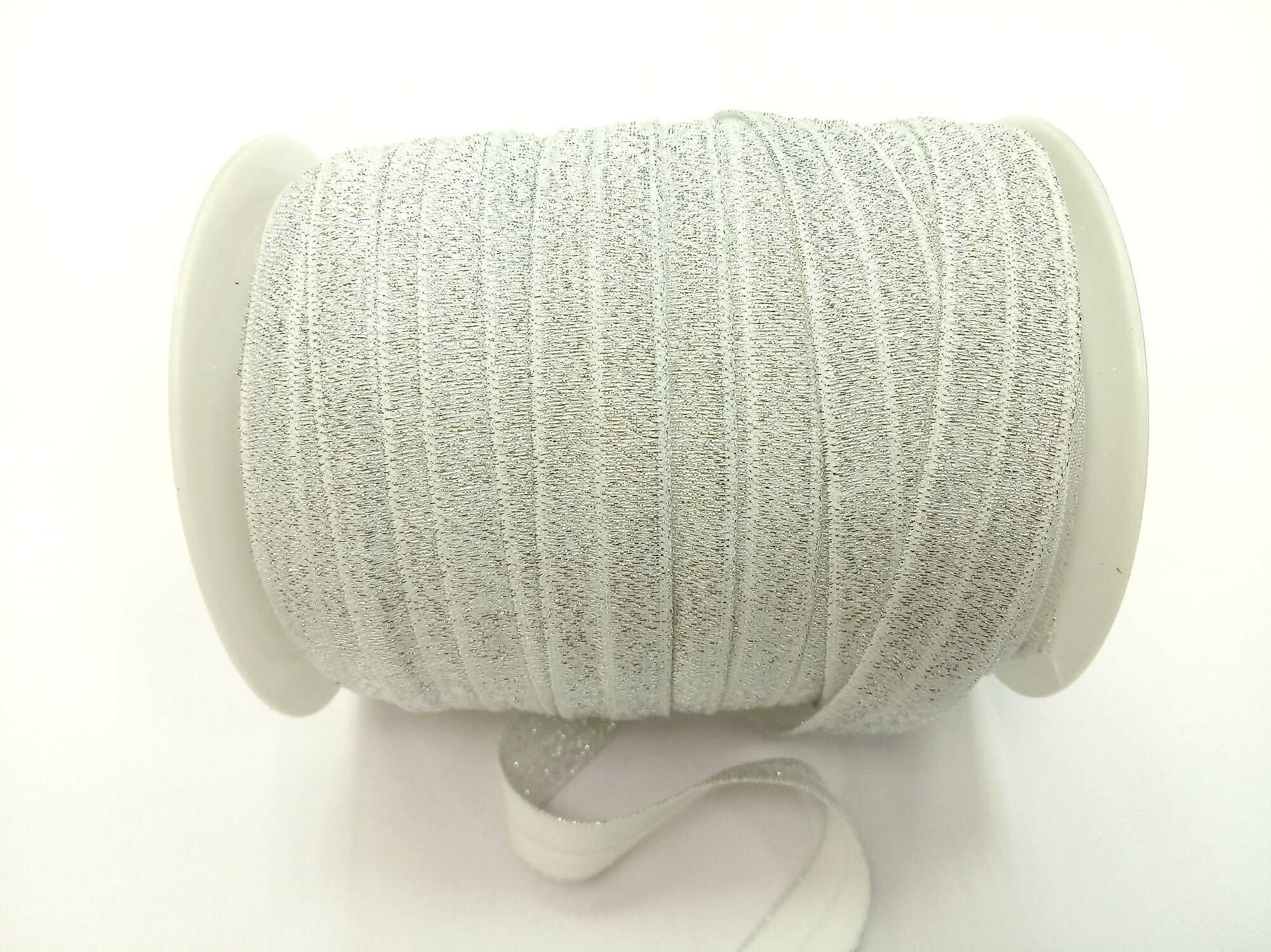 Резинка окантовочная (бейка эластичная) с люрексом 15мм белая с серебром 45 м.