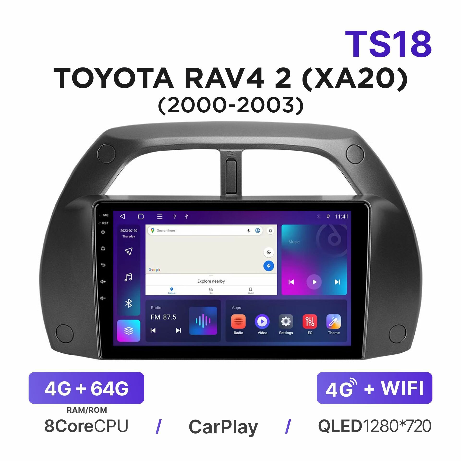 Магнитола TS18 4-64 Гб Android для Toyota Rav4 II (XA20) (2000-2003) (дорестайлинг) / Автомагнитола Андроид Тойота Рав4 2
