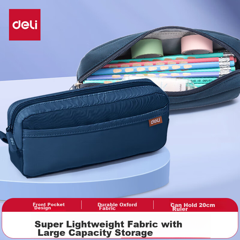 Deli Large Capacity Pencil Case, Ultra-Light Square Pouch Multi-Layer Stationery Box/multifunctional Oxford Cloth Pencil Storage Bag, Blue