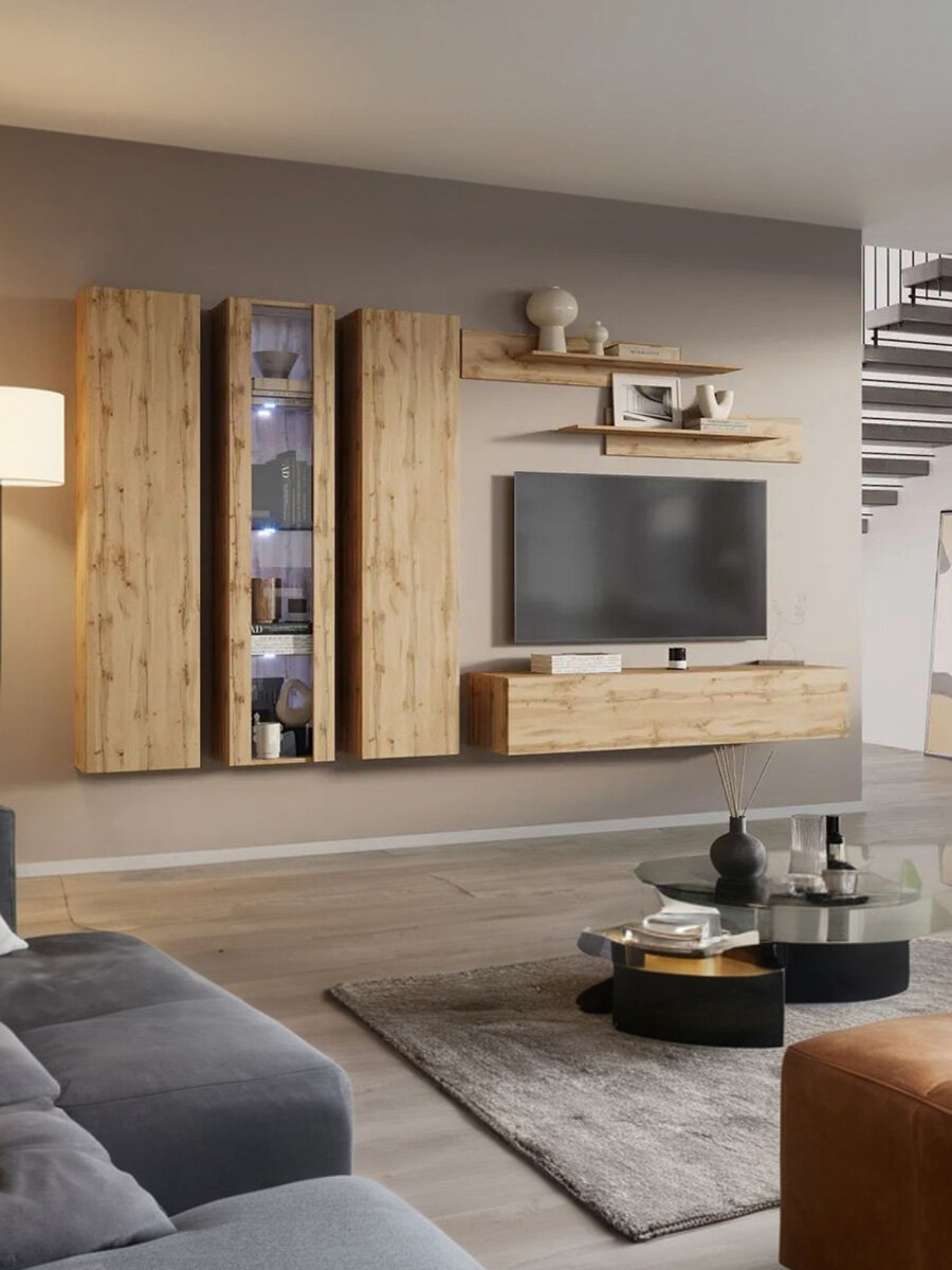 Стенка для гостиной POINT-К12DV, модульная гостиная, тв тумба подвесная, Дуб Вотан, 360х170х40 см. (ШхВхГ)