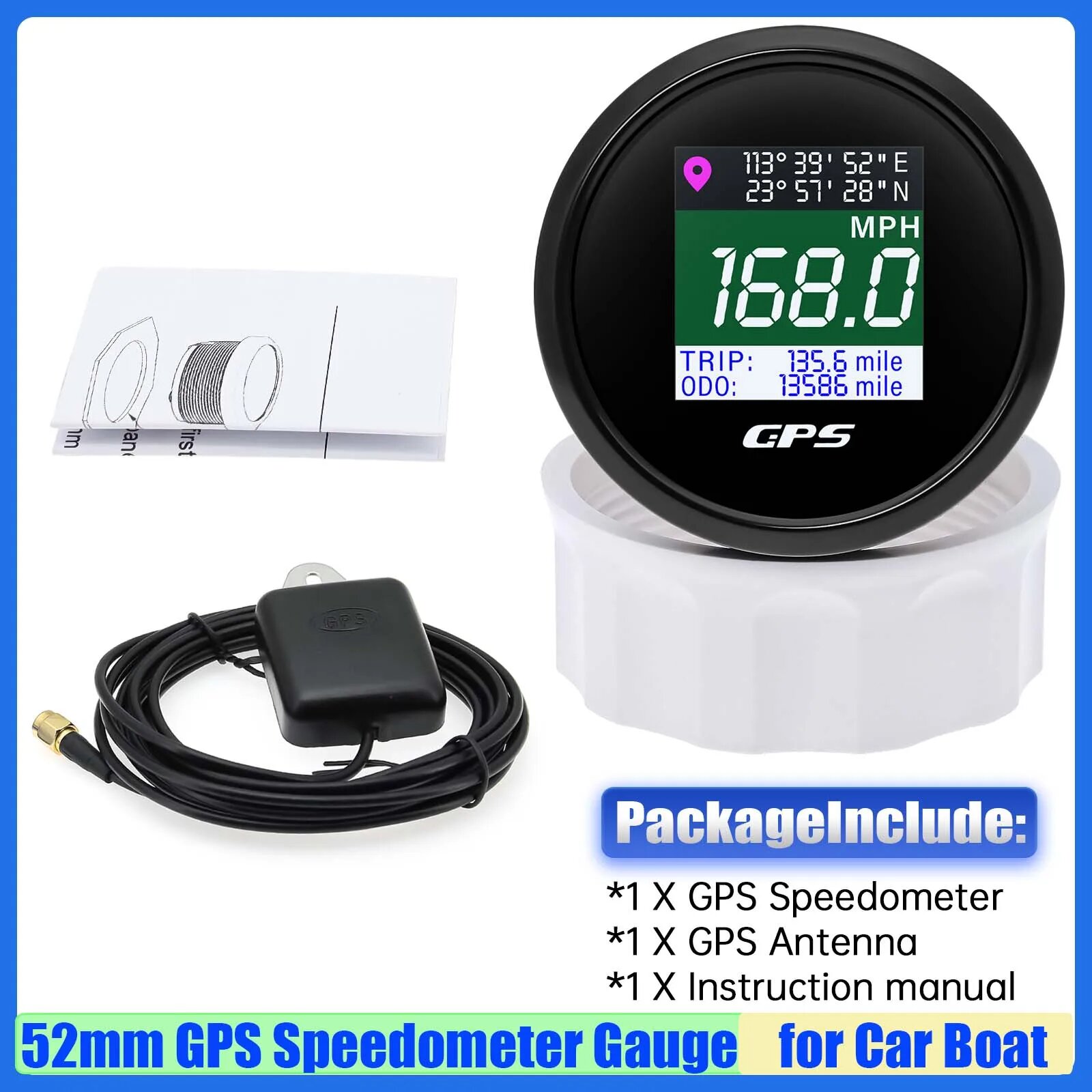 Цифровой GPS-спидометр 52 мм с GPS-антенной 0-999 км/ч, MPH, Knots Unit TFT-экран Trip ODO Одометр для автомобиля, лодки, яхты BN