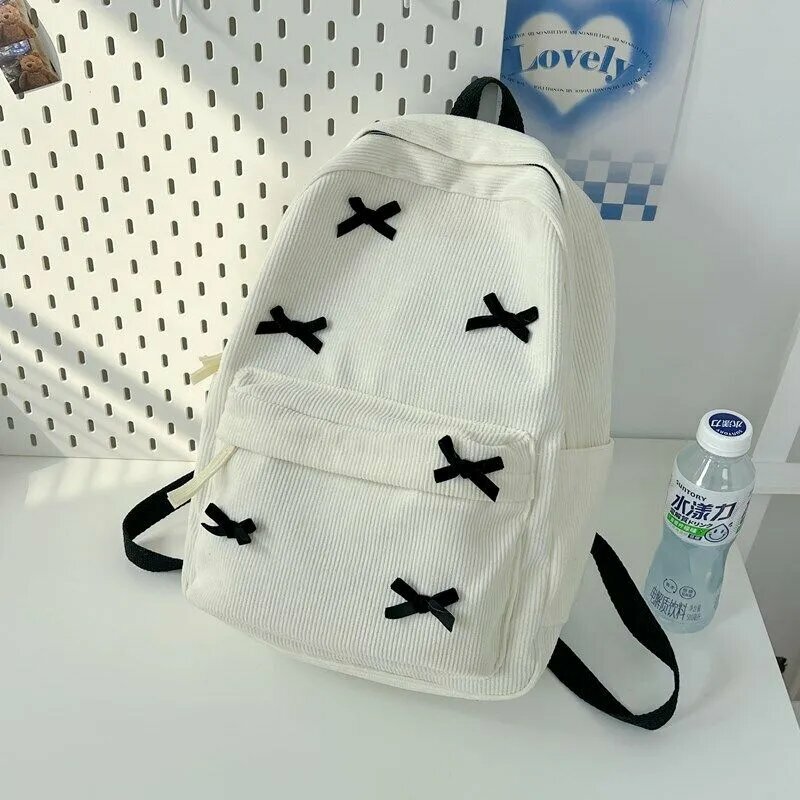 Школьный рюкзак G085, для девочек, с бантом, вельвет, белый/черный, 41x31x12 см