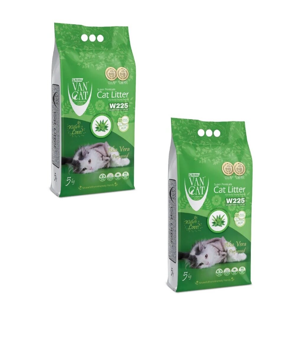 Комкующийся наполнитель Van Cat Aloe Vera для кошачьих туалетов без пыли с ароматом алоэ, 5 кг 2шт