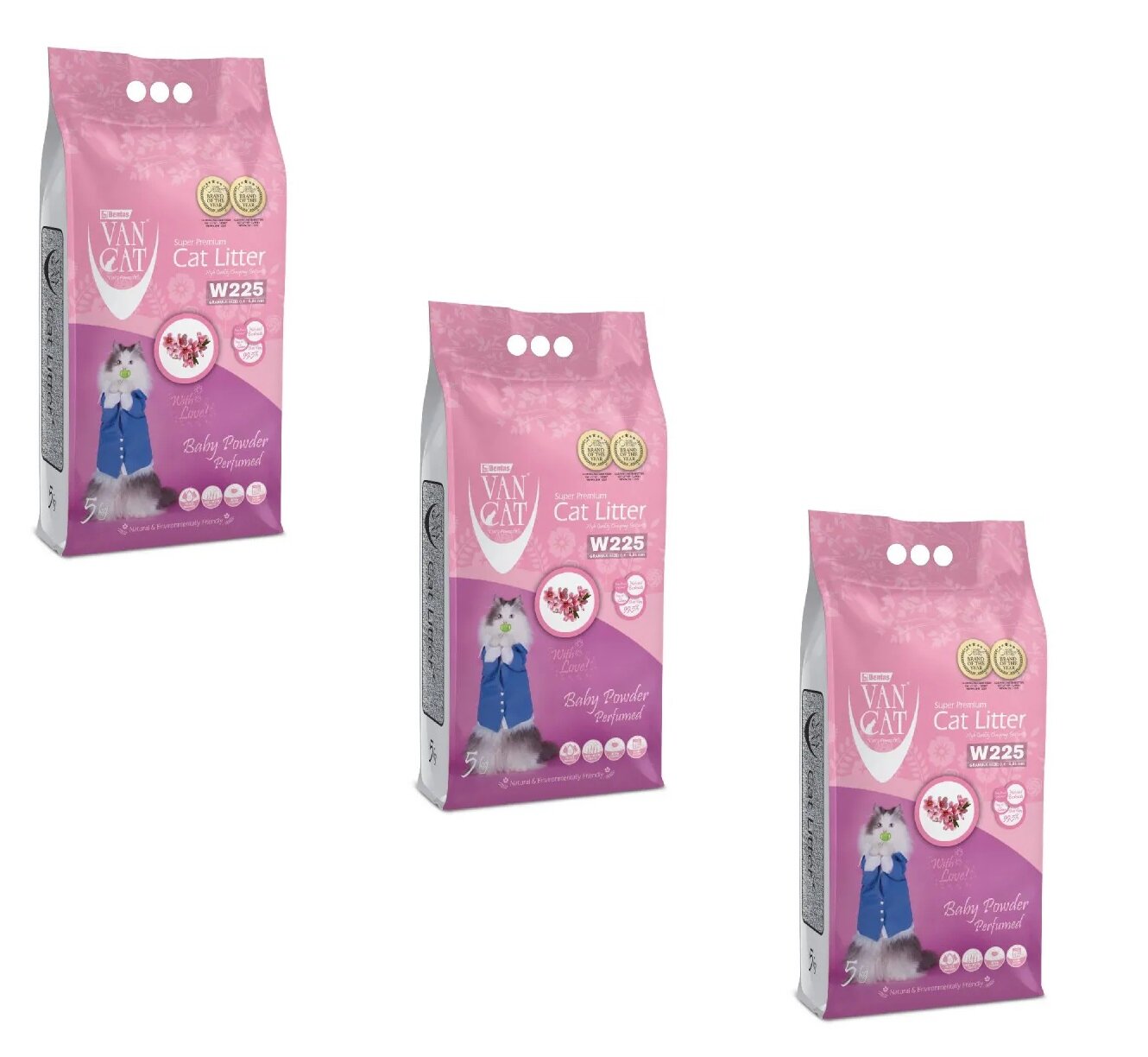 Комкующийся наполнитель Van Cat Baby Powder для кошачьих туалетов без пыли с ароматом детской присыпки, 5 кг 3шт