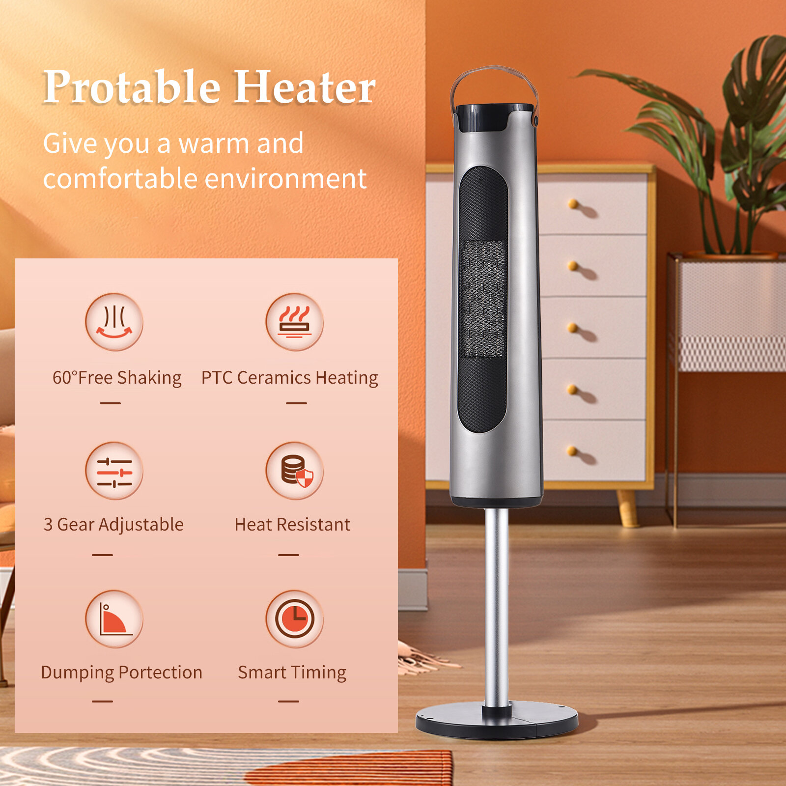 2000 Вт PTCобогреватель с пультом, 3 режима, защита от опрокидывания