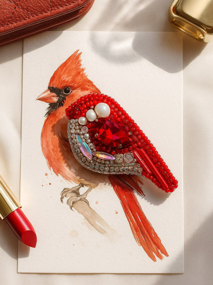 Брошь, кристалл, стразы, бисер, стекло