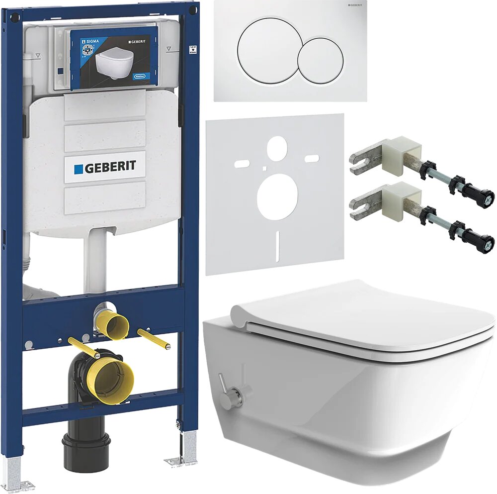 Комплект 6 в 1 Унитаз подвесной Boheme Bello 971-2-W с функцией биде, белый глянцевый / Сиденье 975-W белая глянцевая / Инсталляция Geberit Duofix UP 320 111.300.00.5 (111.950.00.6), Кнопка Sigma 01