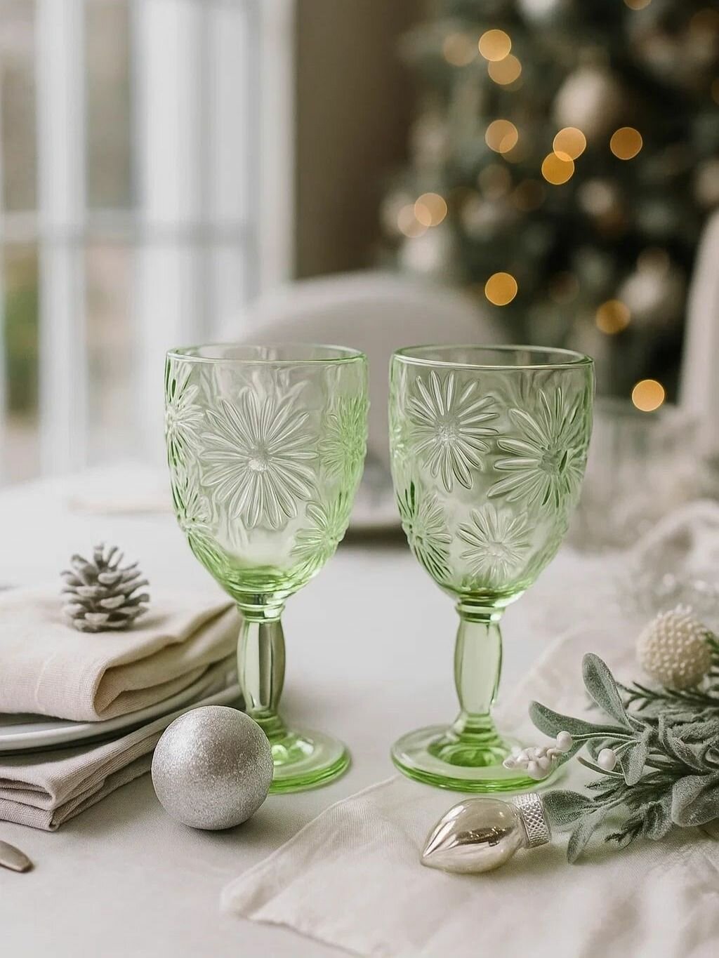 Бокалы для вина, подарочный набор зеленые "Цветы" 280 мл 2 шт. Стекло, для вина, воды, коктейлей.