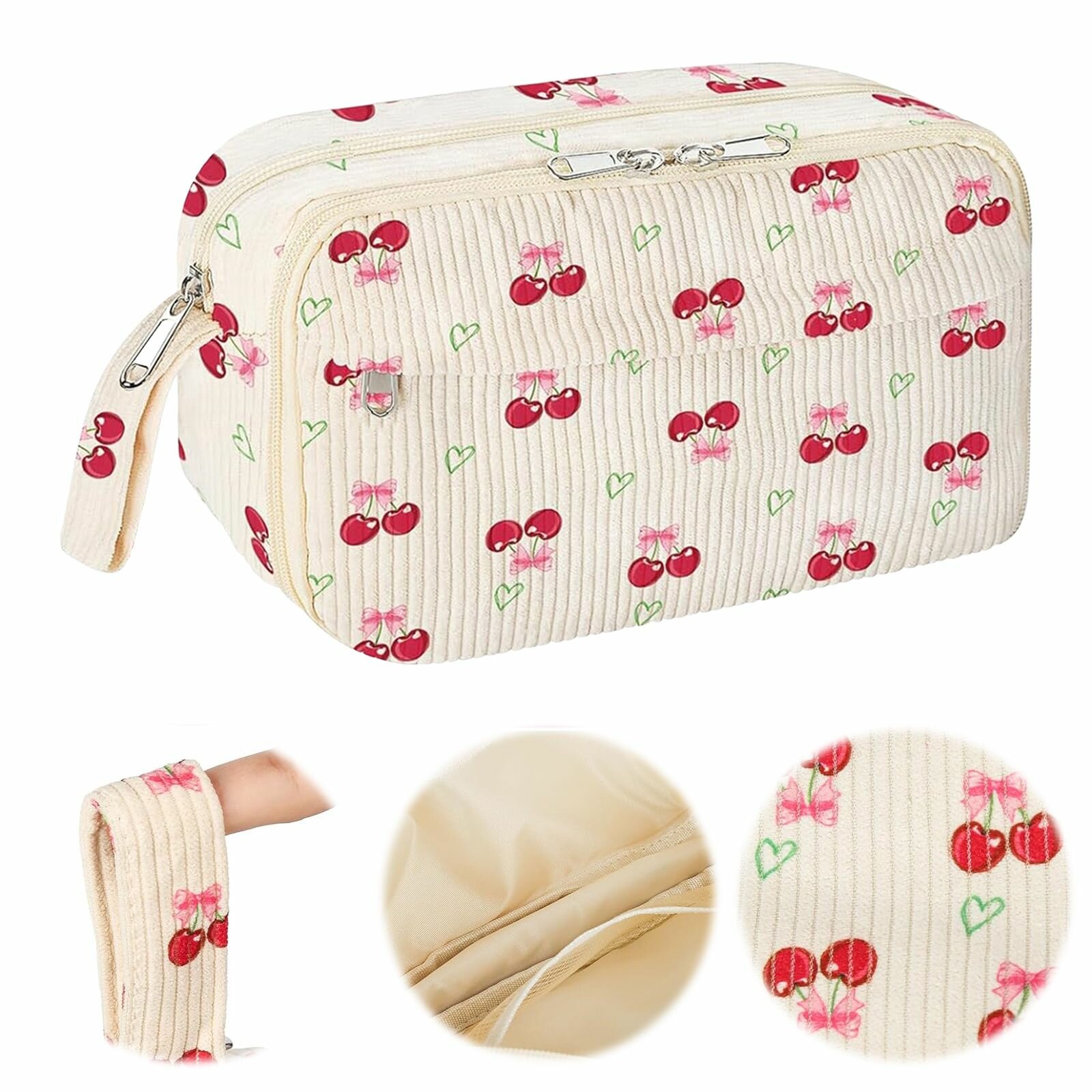 Пенал тканевый с ручкой, большой, с принтом вишни и сердца