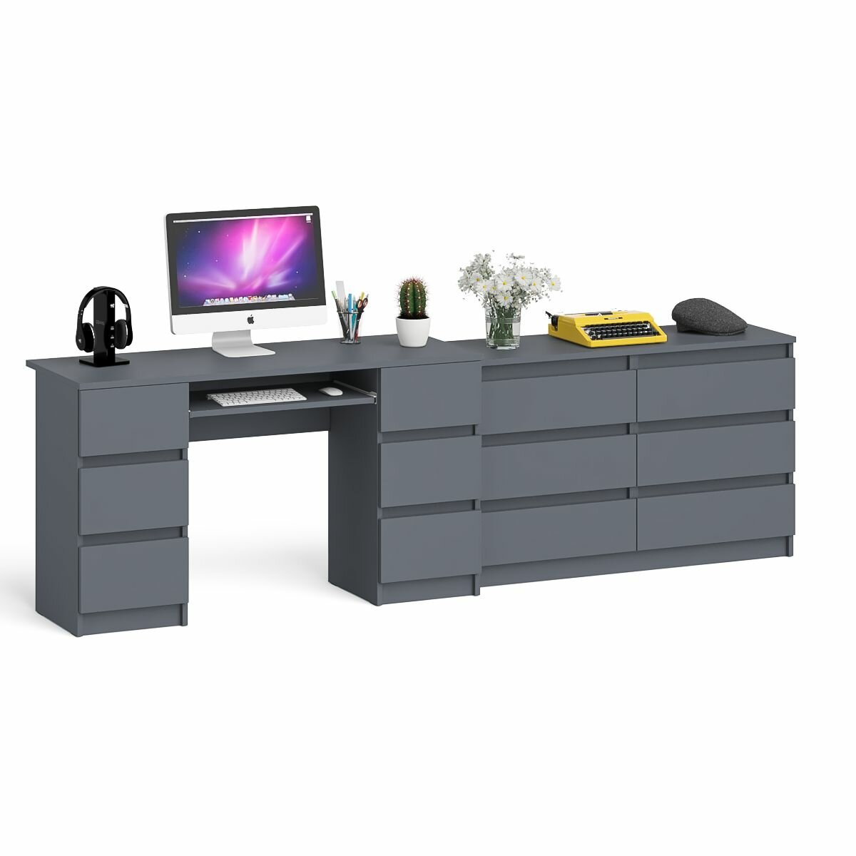 Комод СВК Мори на шесть ящиков и стол компьютерный 2-х тумбовый цвет графит, 255,8х50х76,6 см.