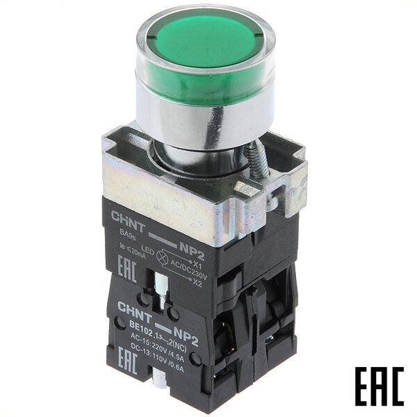 Выключатель кнопочный 574268 NP2-BW3365 зеленый 1з+1р без фиксации, с подсветкой (CHINT)