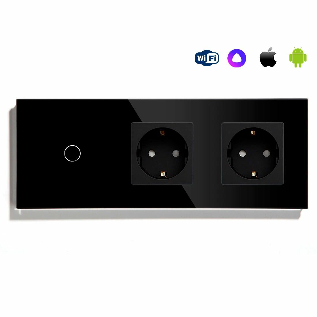 Сенсорный выключатель WiFi 1 клавиша 2 розетки 3 поста (1G+2EU) стекло 228х86мм цвет черный
