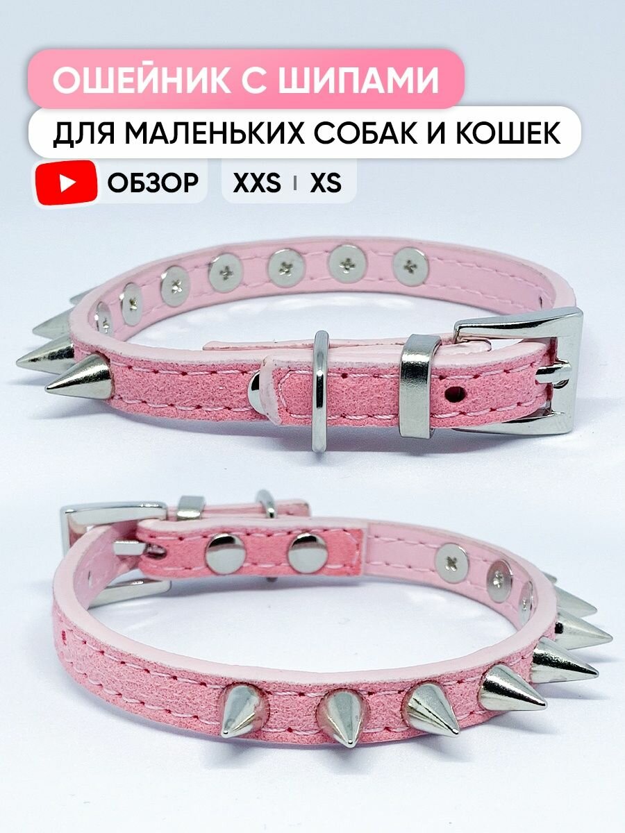 Розовый ошейник с шипами для собак мелких пород и кошек, XS / 22см - 27см