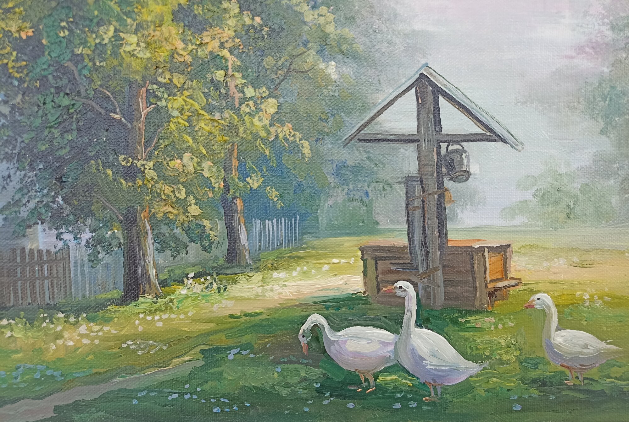 Картина масло/холст. 100% ручная работа, 100% живопись от Художественной мастерской Грёзы. Картина из серии "Деревенские пейзажи". Летний пейзаж. Колодец. Гуси. Туман. Размер картины 20х30 см.