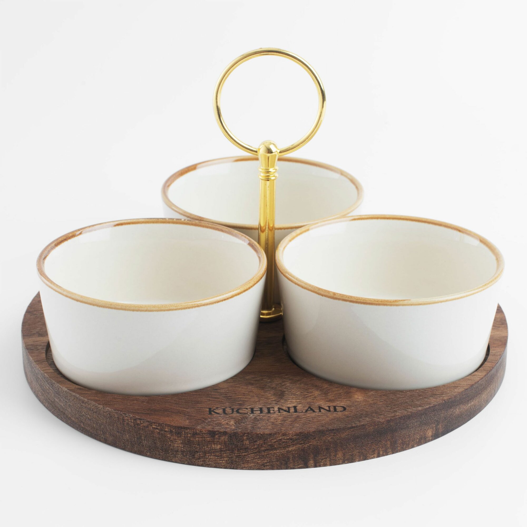 Набор для закусок, 3 пр, на подставке, с ручкой, керамика/дерево, молочный, Noble tree
