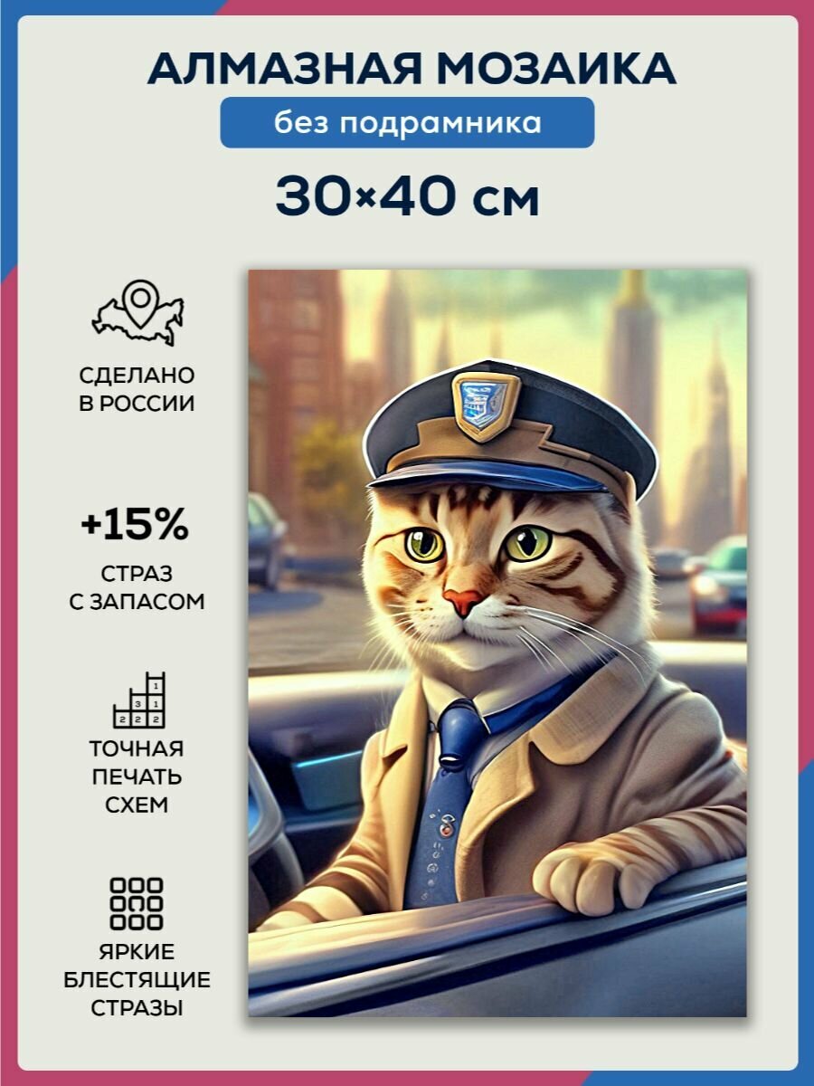 Алмазная мозаика 30x40 Кот - шофер без подрамника
