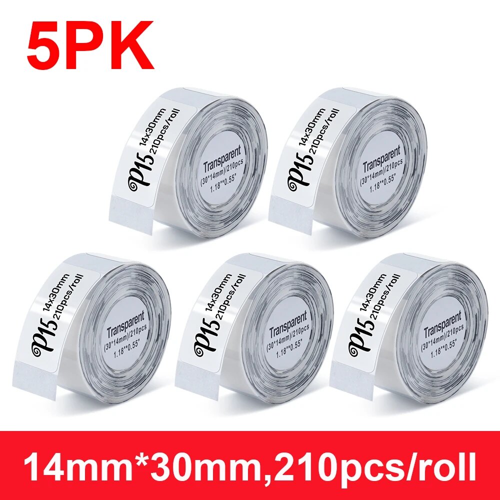 5PK прозрачных этикеток P15, 14x30 мм, 210 шт/рулон
