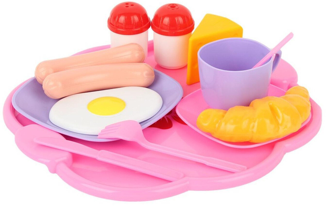 Детский игровой набор "Кукольный завтрак", 13 предметов посуды и продуктов на подносе, сюжетно-ролевой набор Юный повар