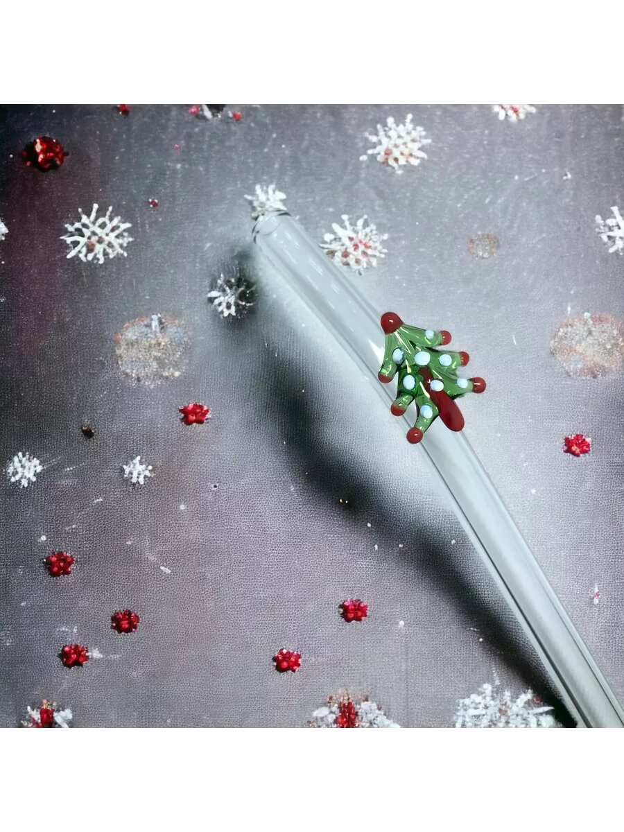 Новогодняя стеклянная трубочка с елкой 1 шт.