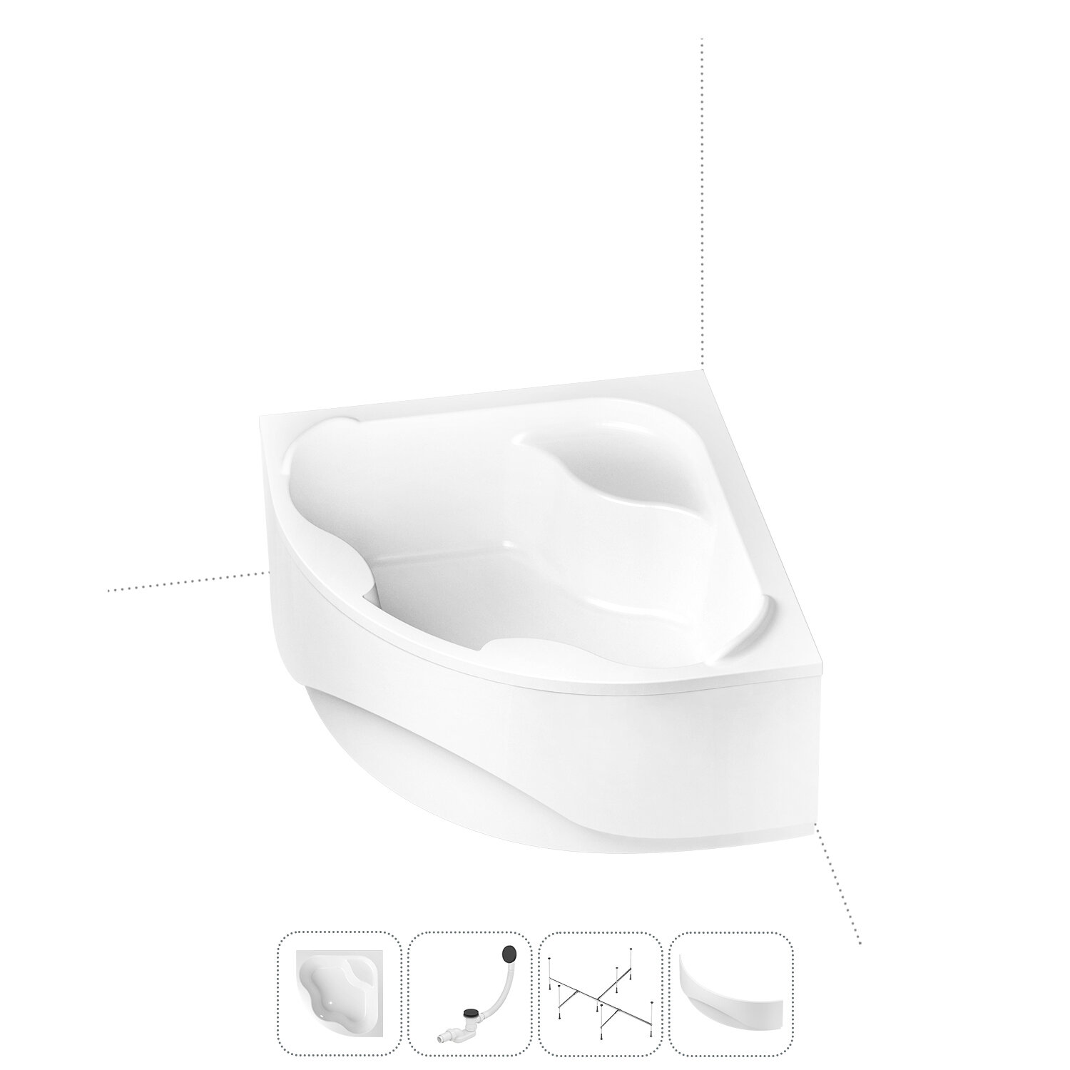 Угловая ванна акриловая 140 x 140 с каркасом и экраном Lavinia Boho Aveo 202011227 в наборе 4 в 1: акриловая ванна, слив-перелив, каркас, экран