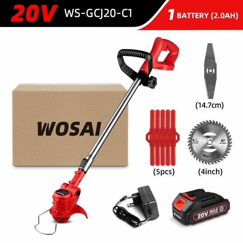 Аккумуляторный триммер для травы WOSAI WS-GCJ20-C1 2.0 AH 1 АКБ 1 зарядное устройство 1 комплект аксессуаров