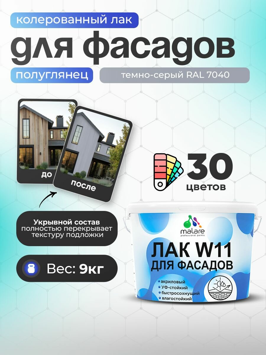 Лак колерованный укрывной фасадный Malare W11 для защиты фасадов зданий, для дерева, камня и кирпича, быстросохнущий влагостойкий экологичный, полуглянцевый RAL 7040 темно-серый, 9 кг.