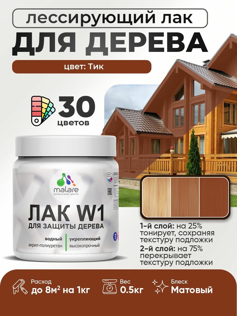 Лак колерованный тонирующий для дерева Malare W1 для деревянных и минеральных поверхностей, моющийся без запаха быстросохнущий, матовый, тик, 0.5 кг.