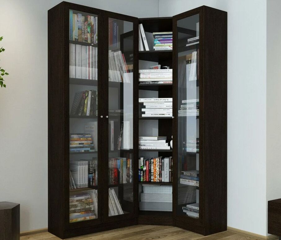 Шкаф-стеллаж Билли угловой 19 Икеа венге цаво, задняя стенка белая, 135/95х30х202 см