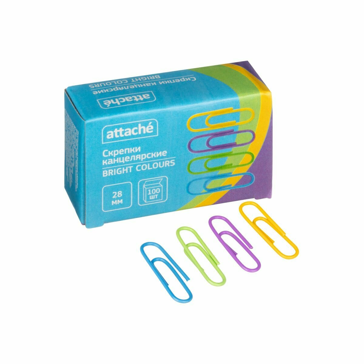 Скрепки Attache Bright Colours (28мм, металлические, полимерное покрытие) 100шт.