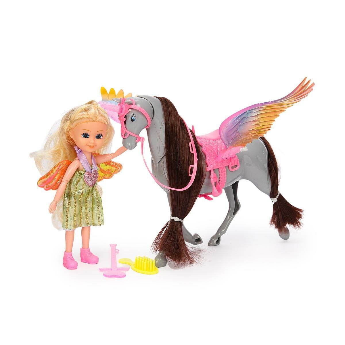Кукла модница с крыльями и лошадью, светлые волосы, яркий дизайн