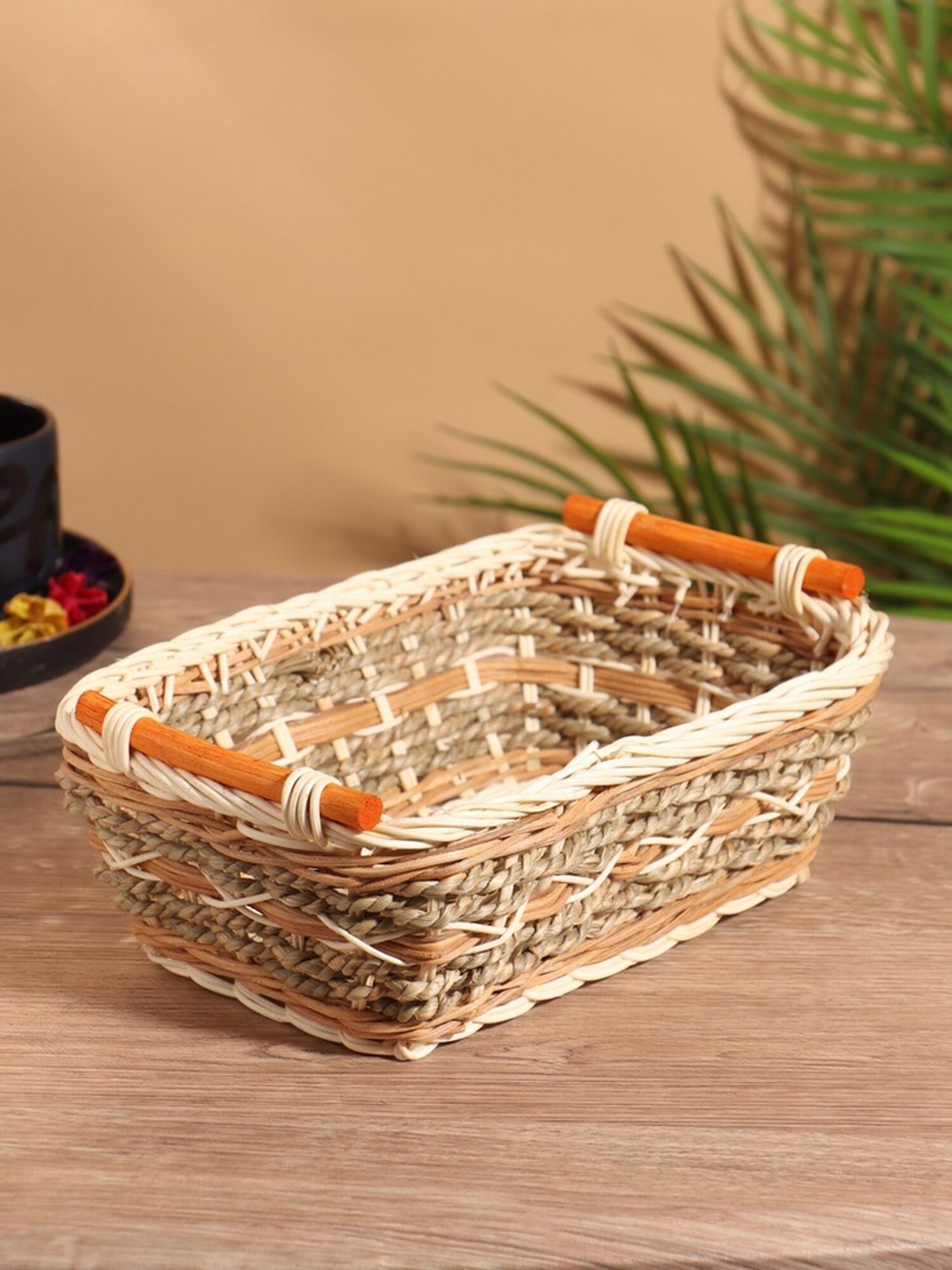 Корзина Сима-ленд, плетеная, ротанг, морские водоросли, дерево, бежевая, 23 см x 17 см x 9 см