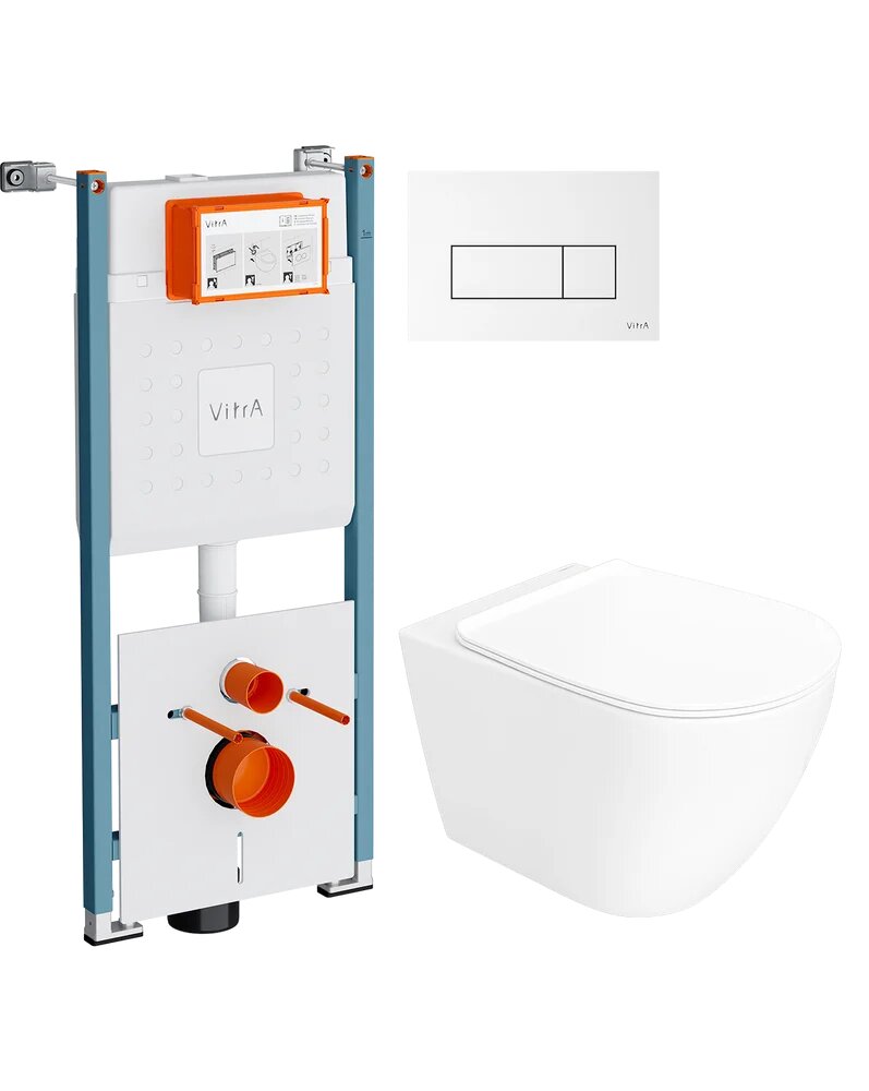 Инсталляция с унитазом комплект 3 в 1 Унитаз подвесной STWORKI Готланд S13401WH безободковый, с микролифтом, глянцевый белый, антивсплеск / Инсталляция VitrA V-Fix Core 732-5800-01PV / Кнопка белая