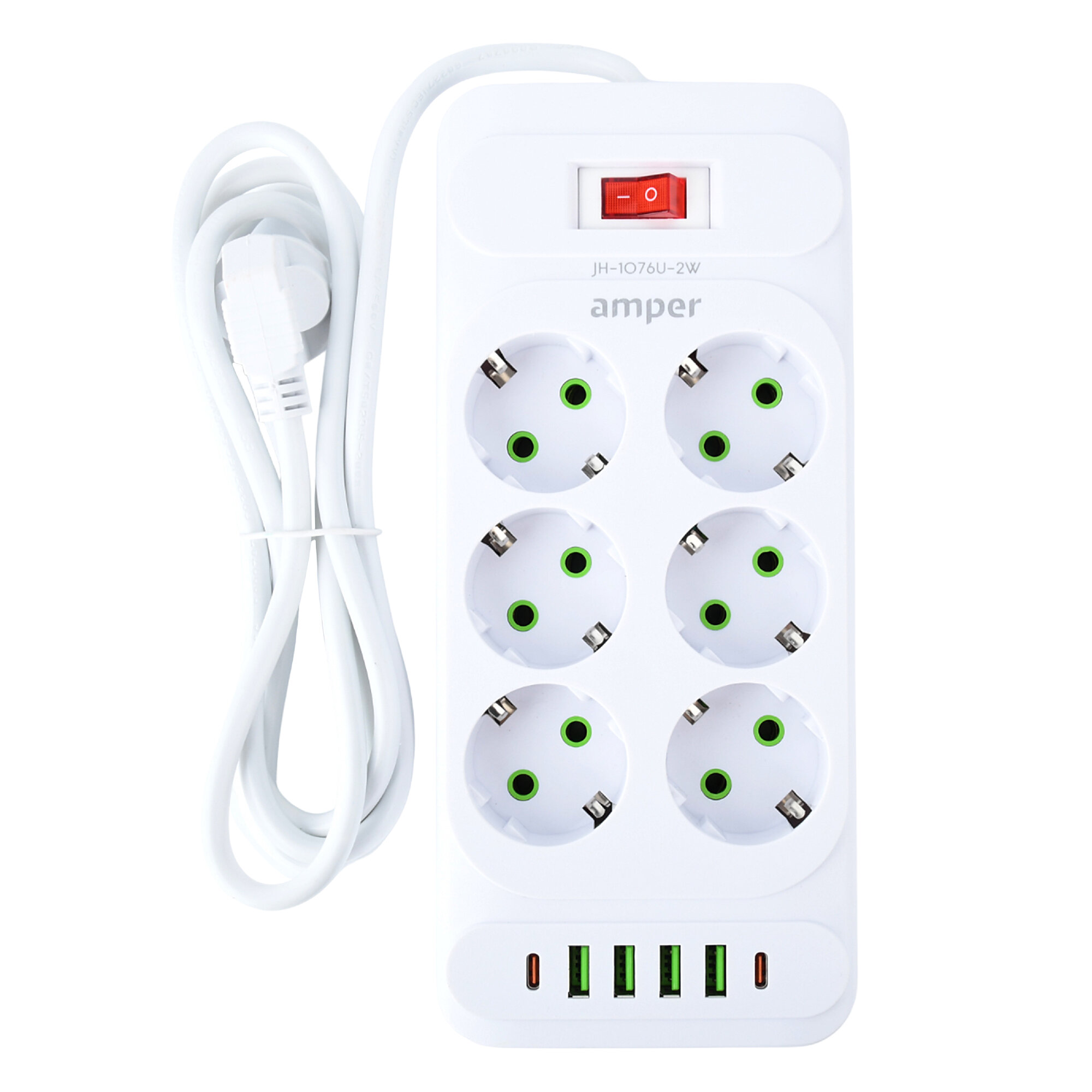 Сетевой удлинитель Amper, 4,0м, 6 розеток, 10А, 2500 Вт, 4usb,2Type-C, белый.