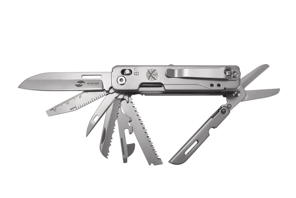 Мультитул Stinger, 92 х 30 мм, 15 функций, нержавеющая сталь, серебристый, в картонной коробке