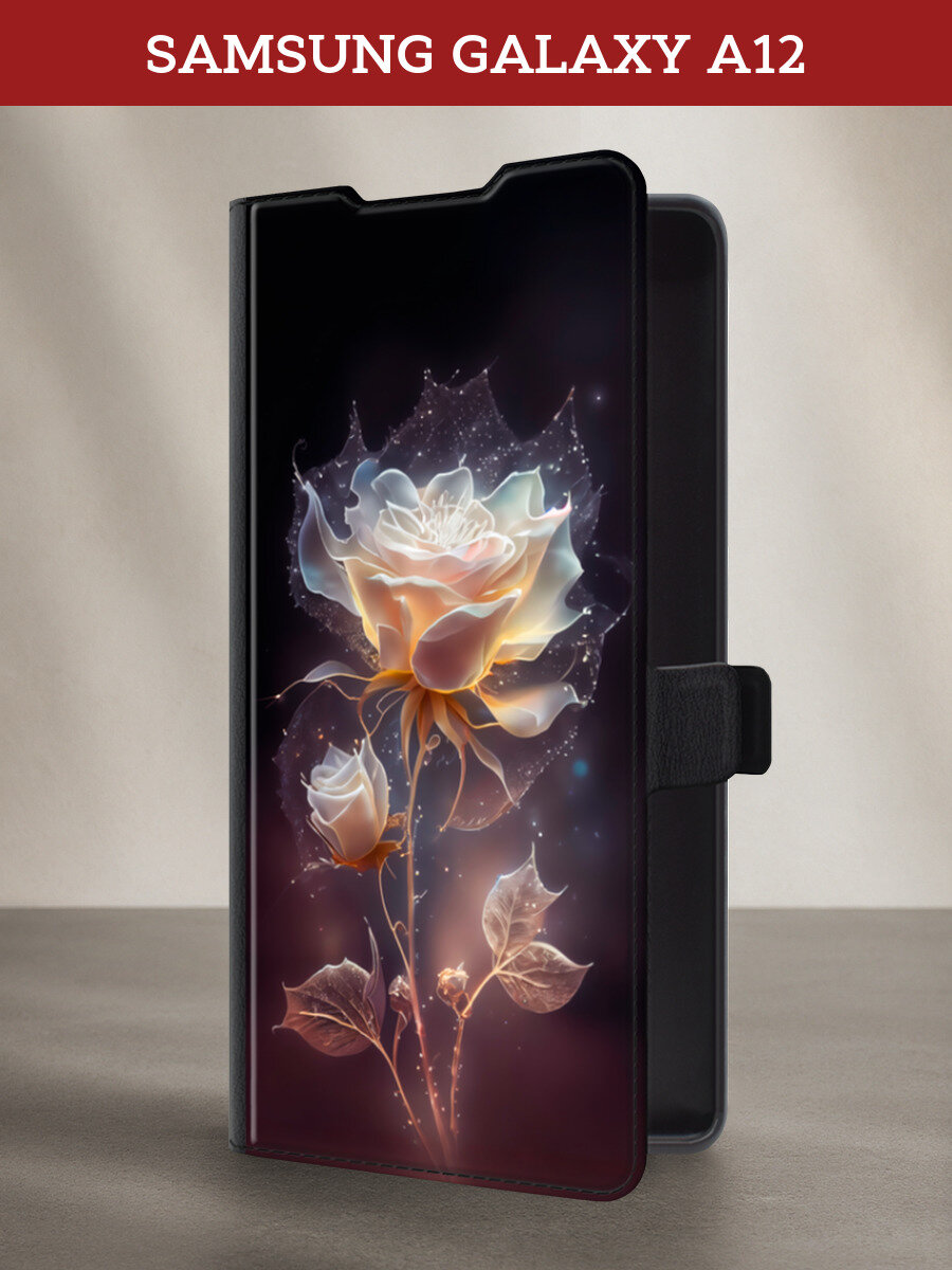 Чехол-книжка на Samsung Galaxy A12/M12 / Самсунг Галакси А12/М12 с принтом Белая фантазийная роза, черный
