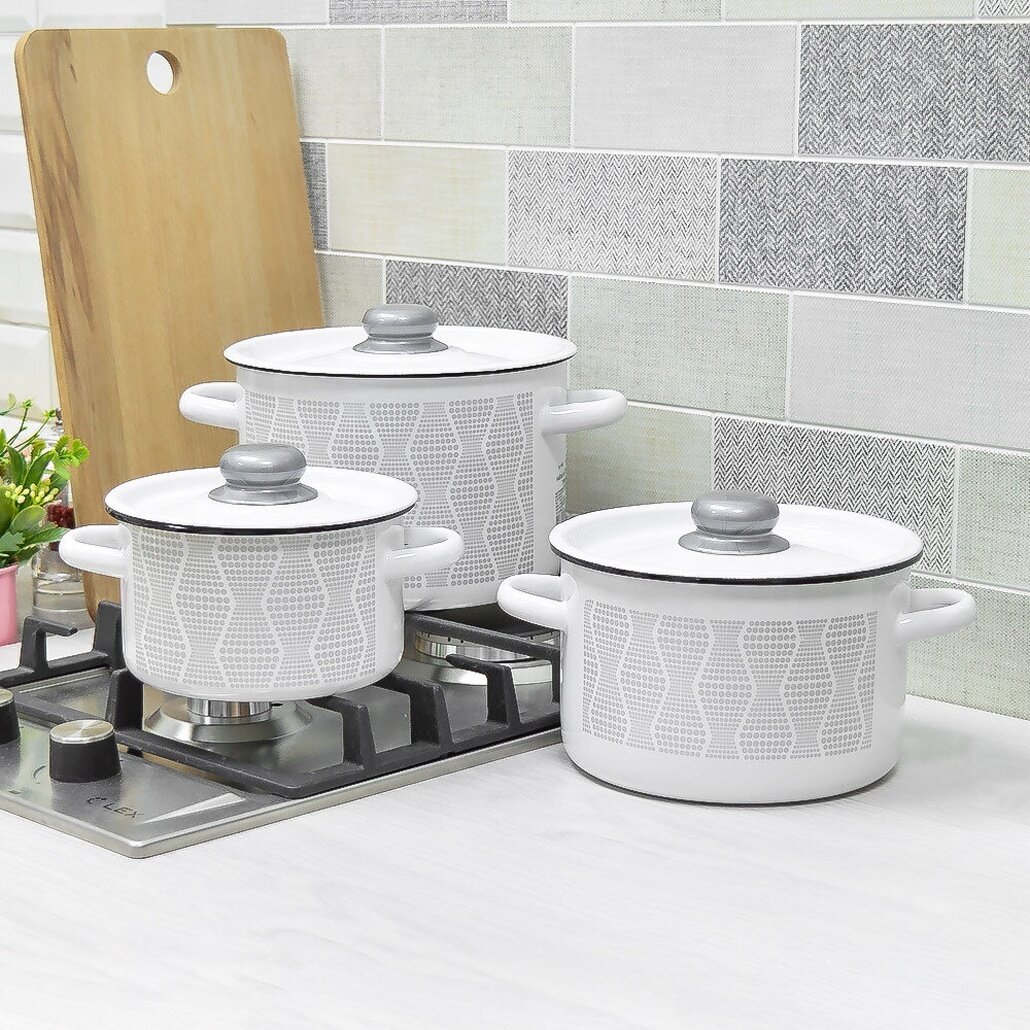 Набор кастрюль "Геометрия", эмалированная сталь, индукционное дно, белые
