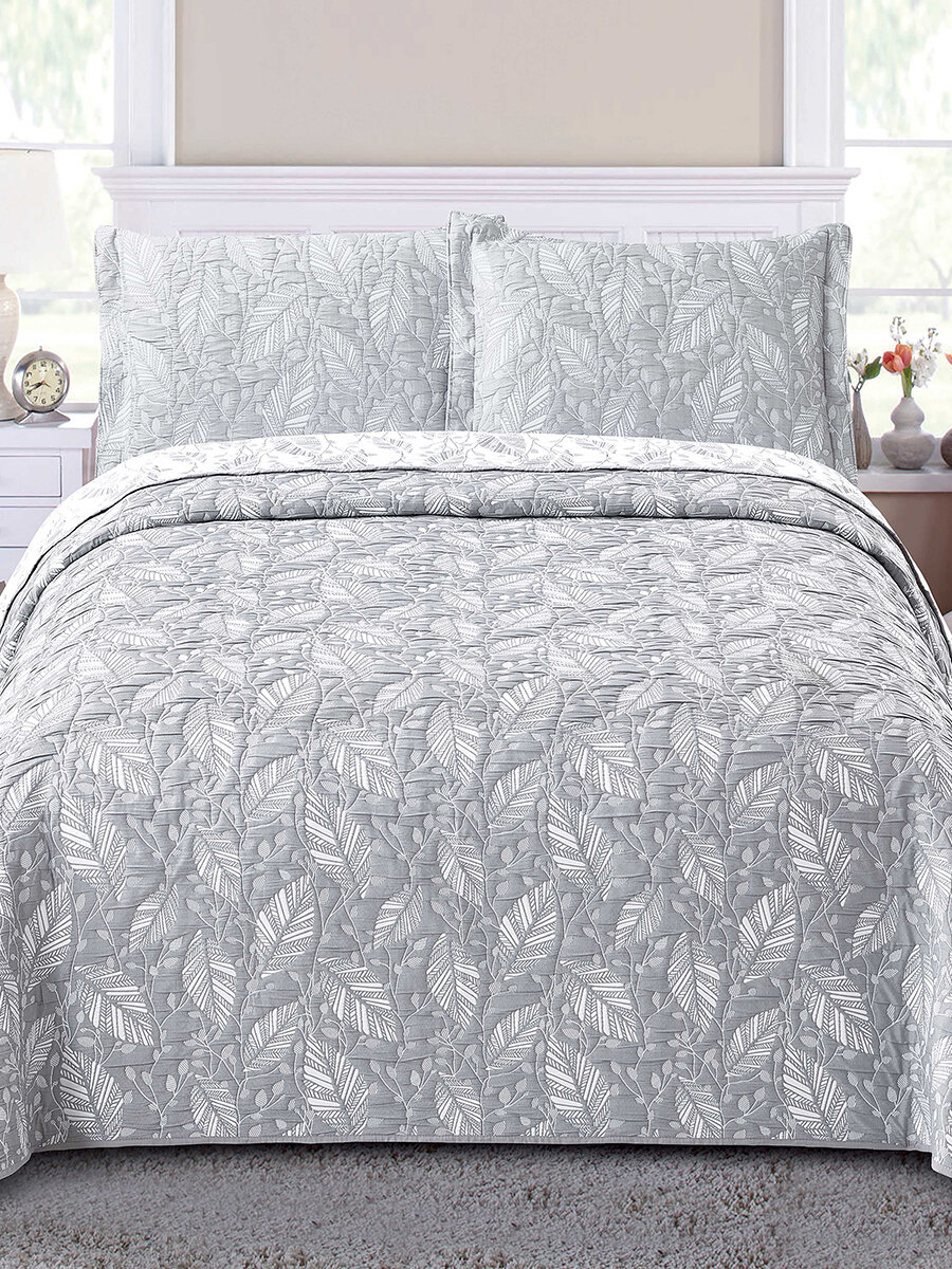 Покрывало жаккардовое 240*260 см Теодора + 2нав 50*70 серый, Листики