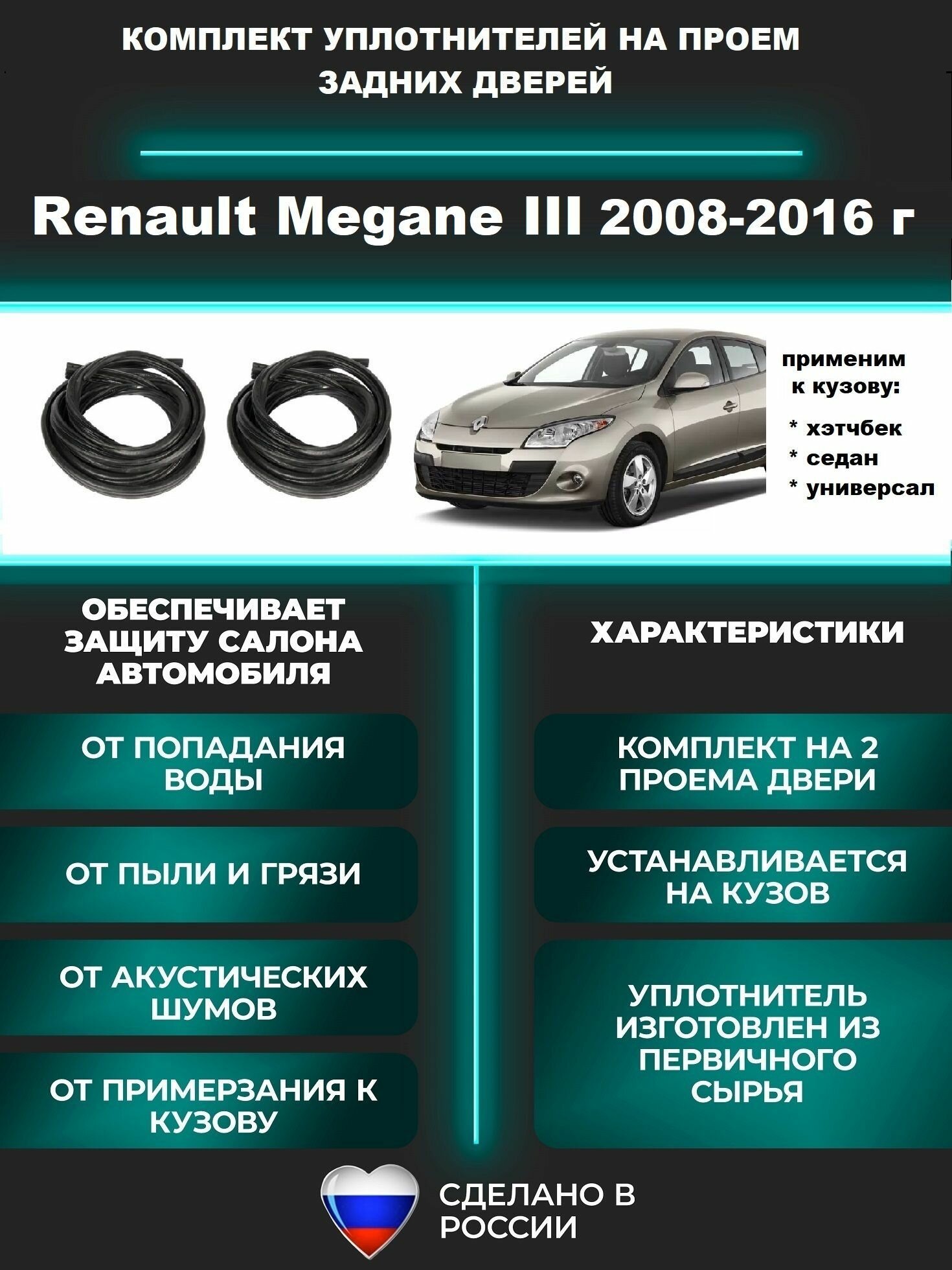 Комплект уплотнителей проема задних дверей Renault Megane III 2008-2016 г / на заднюю правую и левую пассажирскую дверь Рено Меган 3 - 2 штуки