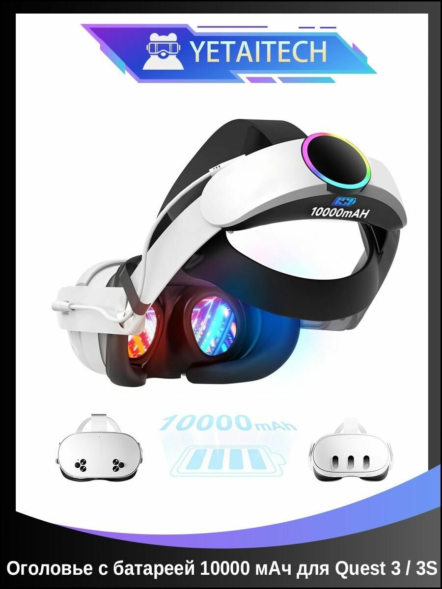 Крепление на голову для Meta Quest 3/3S, VR-аксессуар, Встроенный аккумулятор емкостью 10000 мАч
