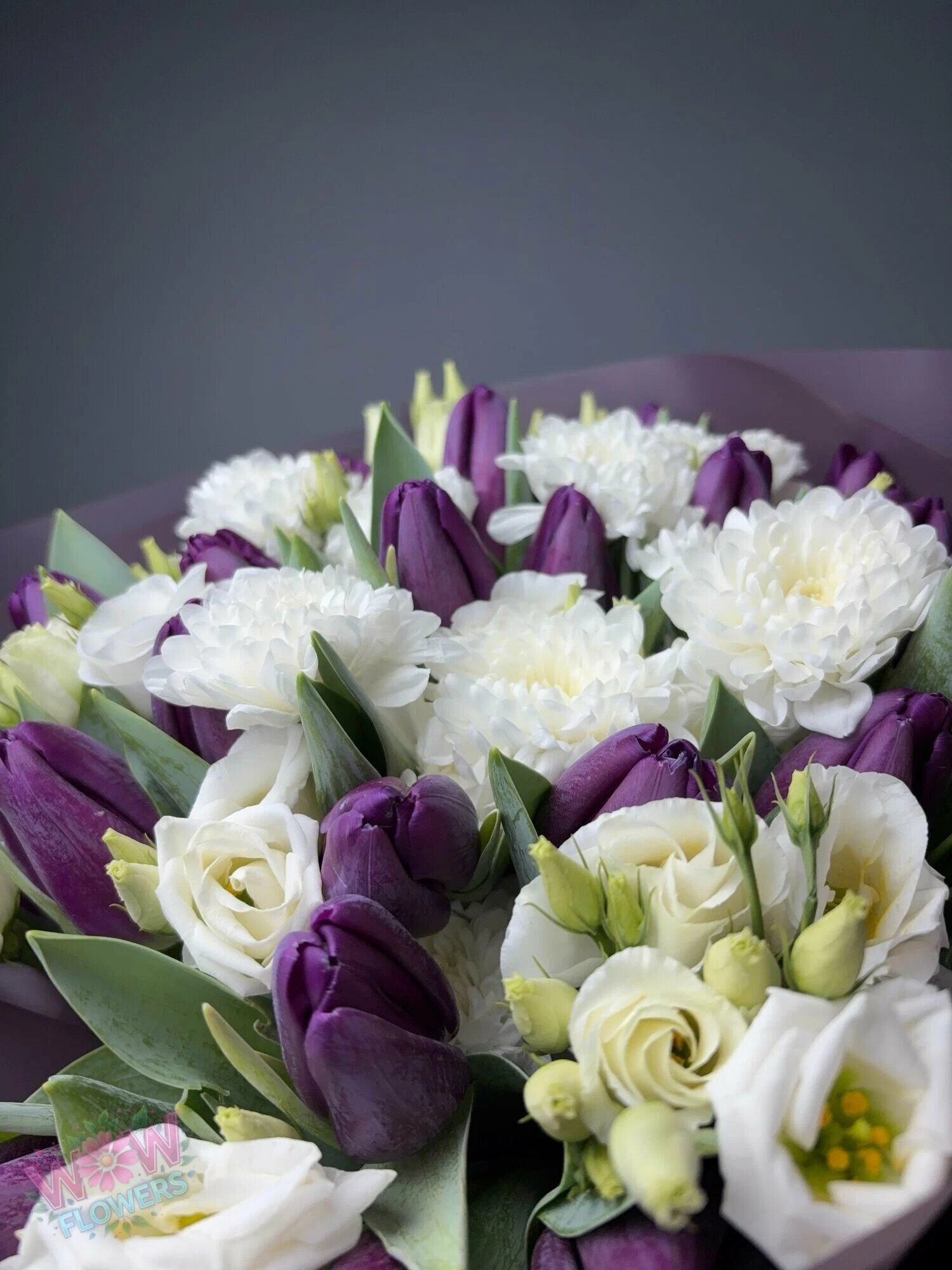 WOW цветочки | Тюльпан 25 шт, хризантема кустовая 5 шт. эустома белая 1 шт купить с доставкой