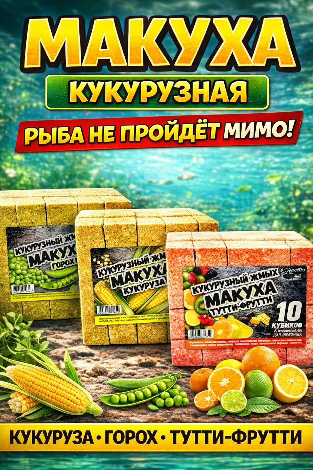 Макуха для рыбалки. Жмых на карпа. Набор - "Горох", "Кукуруза", "Тутти-Фрутти" 30 кубиков