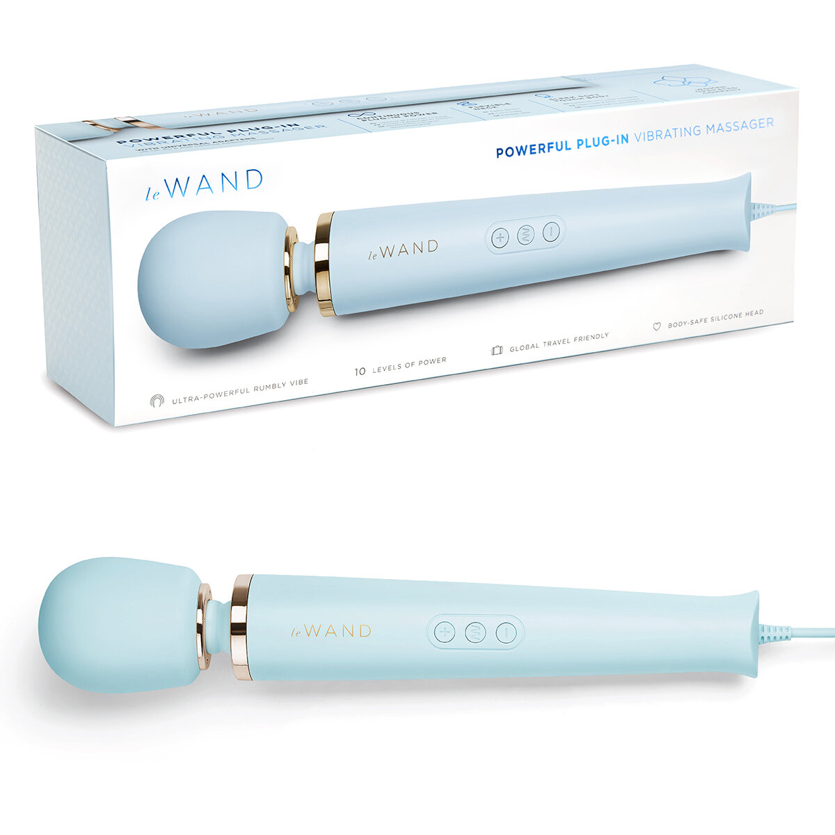 Нежно-голубой проводной вибромассажер Le Wand Sky Blue с 10-ю скоростями