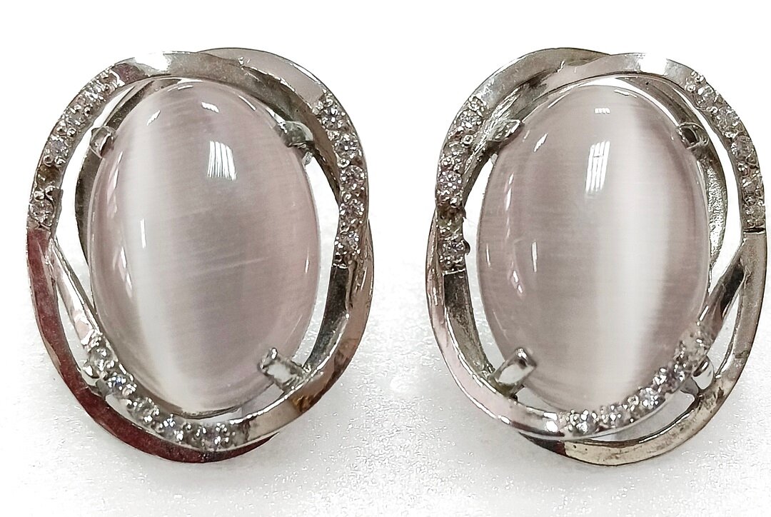 Серьги, серебро, 925 проба, родирование, кошачий глаз синтетический, фианит