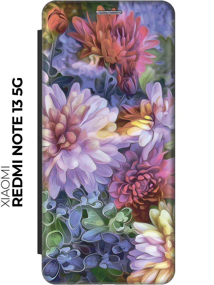 Чехол-книжка на Xiaomi Redmi Note 13 5g / Сяоми Редми Ноут 13 5г с рисунком "Цветные хризантемы" черный