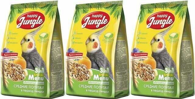 Happy Jungle Корм сухой для средних попугаев при линьке, 500 г, 3шт