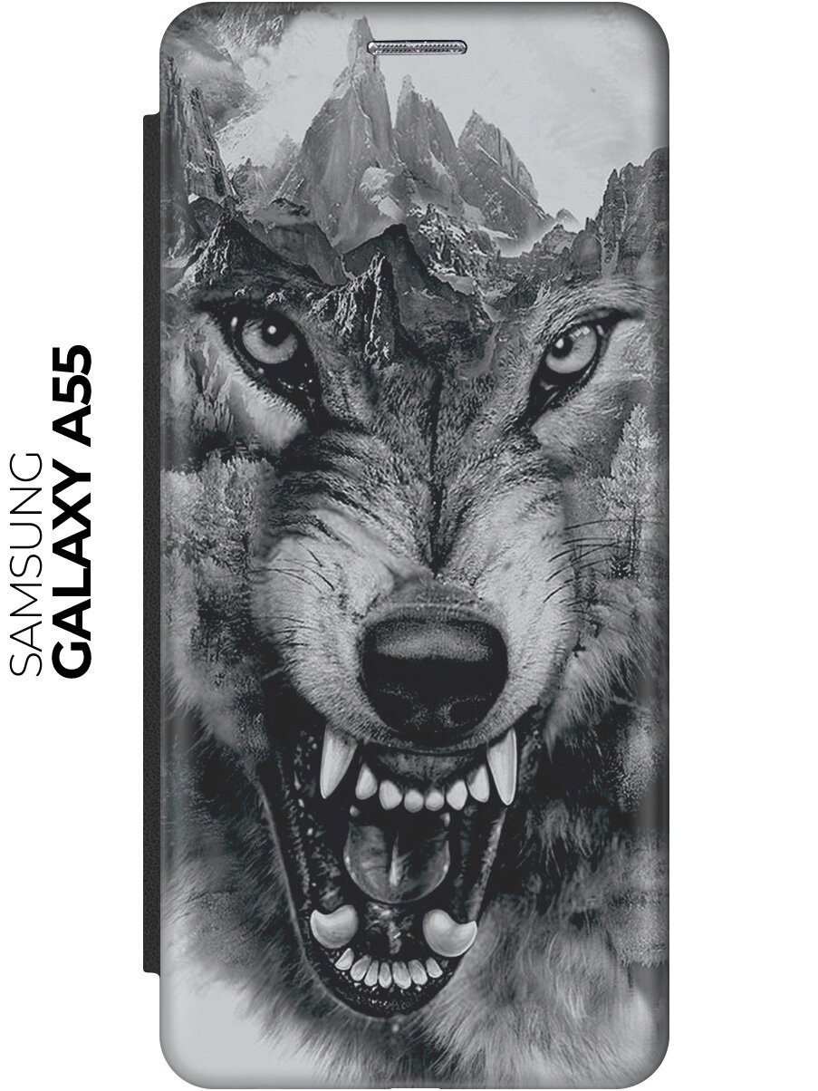Чехол-книжка на Samsung Galaxy A55 / Самсунг А55 с рисунком "Волк в горах" черный