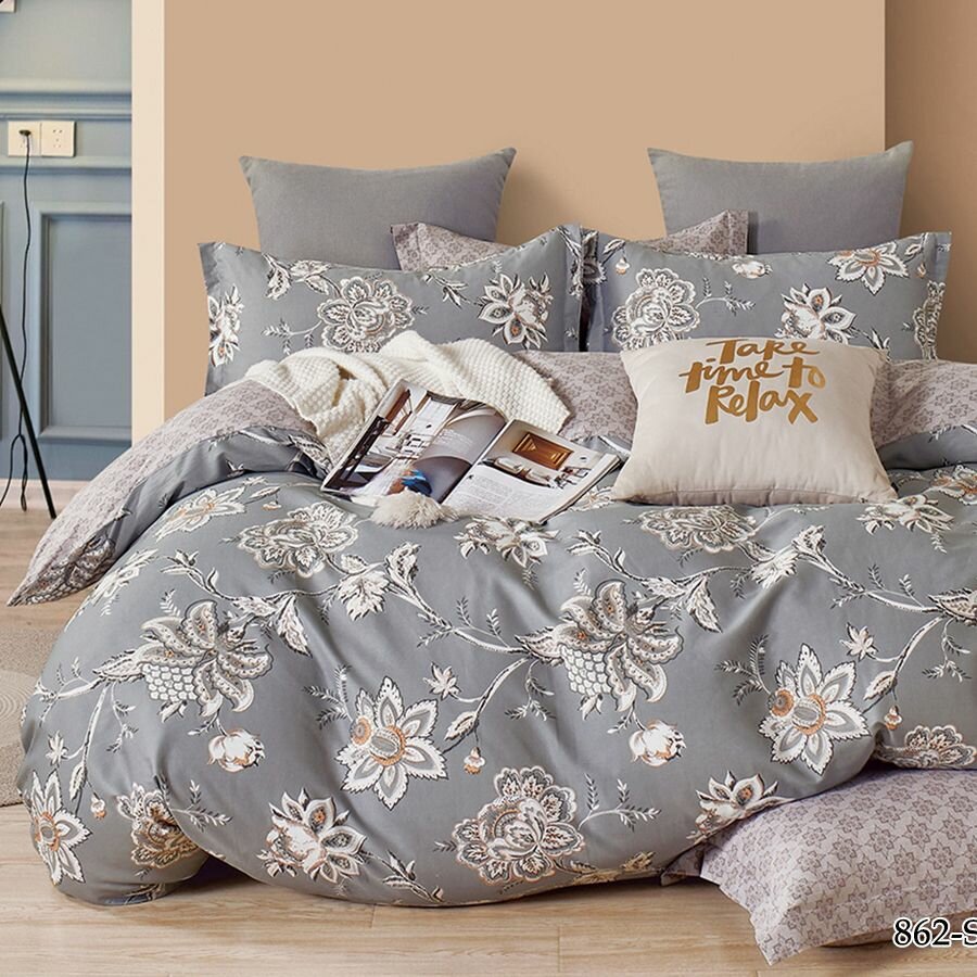 Постельное белье 1.5 спальное с узорами серое Cleo Satin de Luxe комплект пододеяльник на молнии сатин 100% хлопок